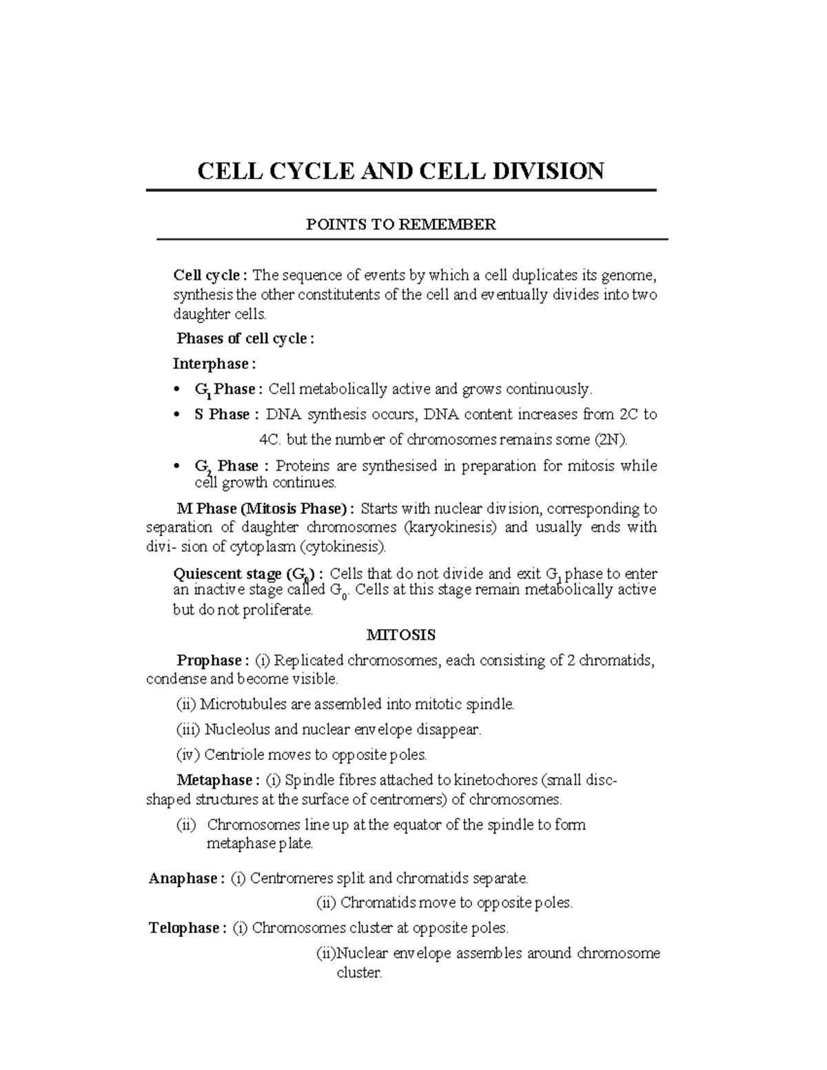 Biology Notes: Cell Cycle & Division (Class XI) - Studocu