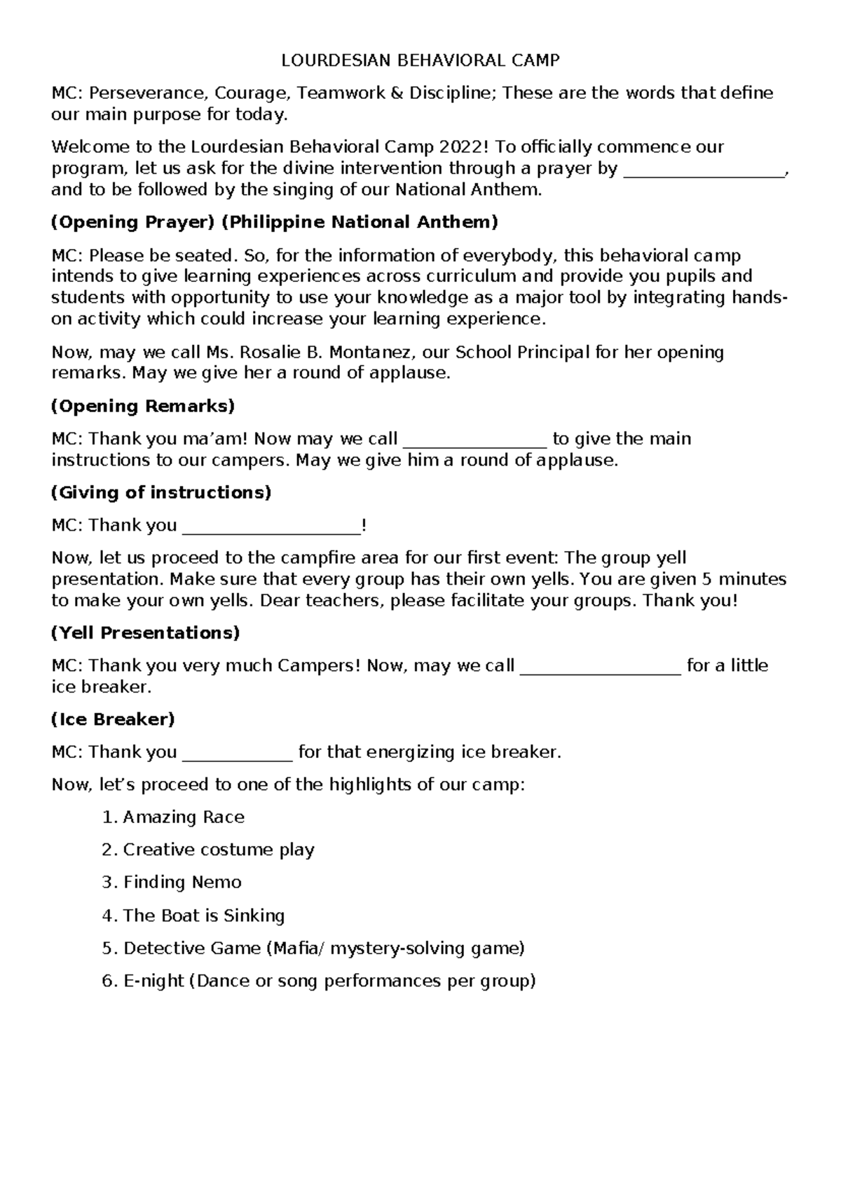 Lourdesian Behavioral Camp Program Script - 2022 - Studocu