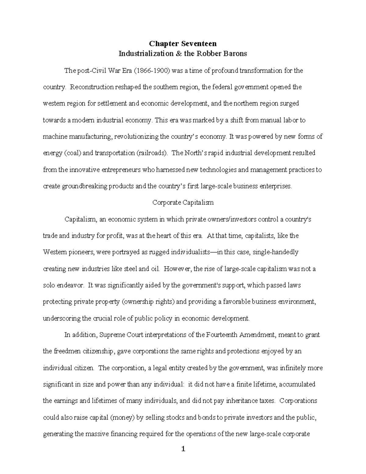 Chapter 17: Industrialization, Robber Barons, and the War Era - Studocu