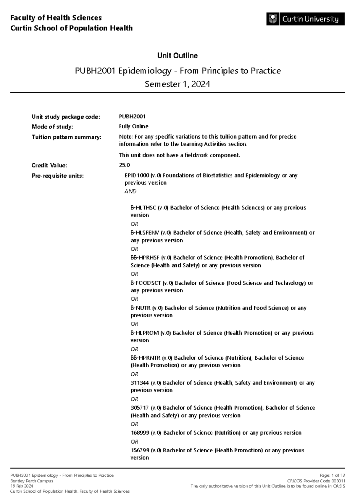 PUBH2001 Final Unit Outline: Epidemiology Principles & Practice S1 2024 ...