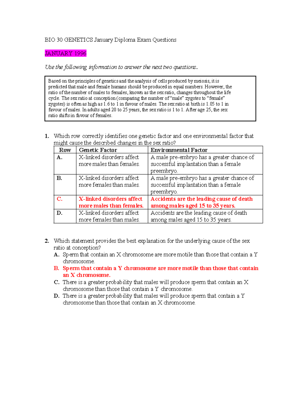 Unit C Genetics (BIO 30) Diploma Questions - BIO 30 GENETICS January ...