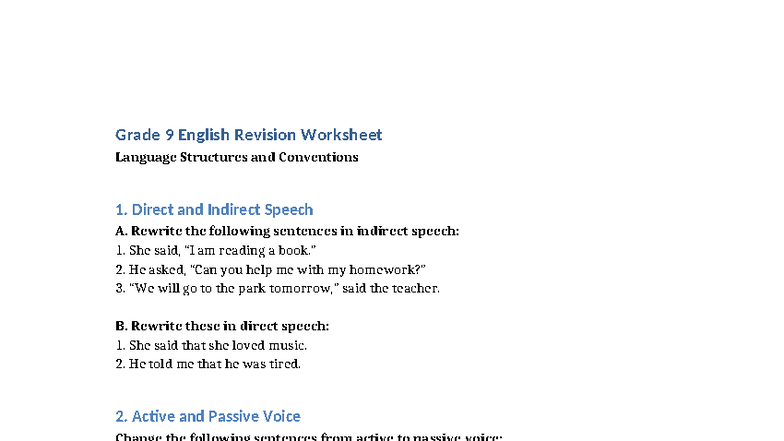 Grade 9 English Revision Worksheet: Language Structures & Conventions ...