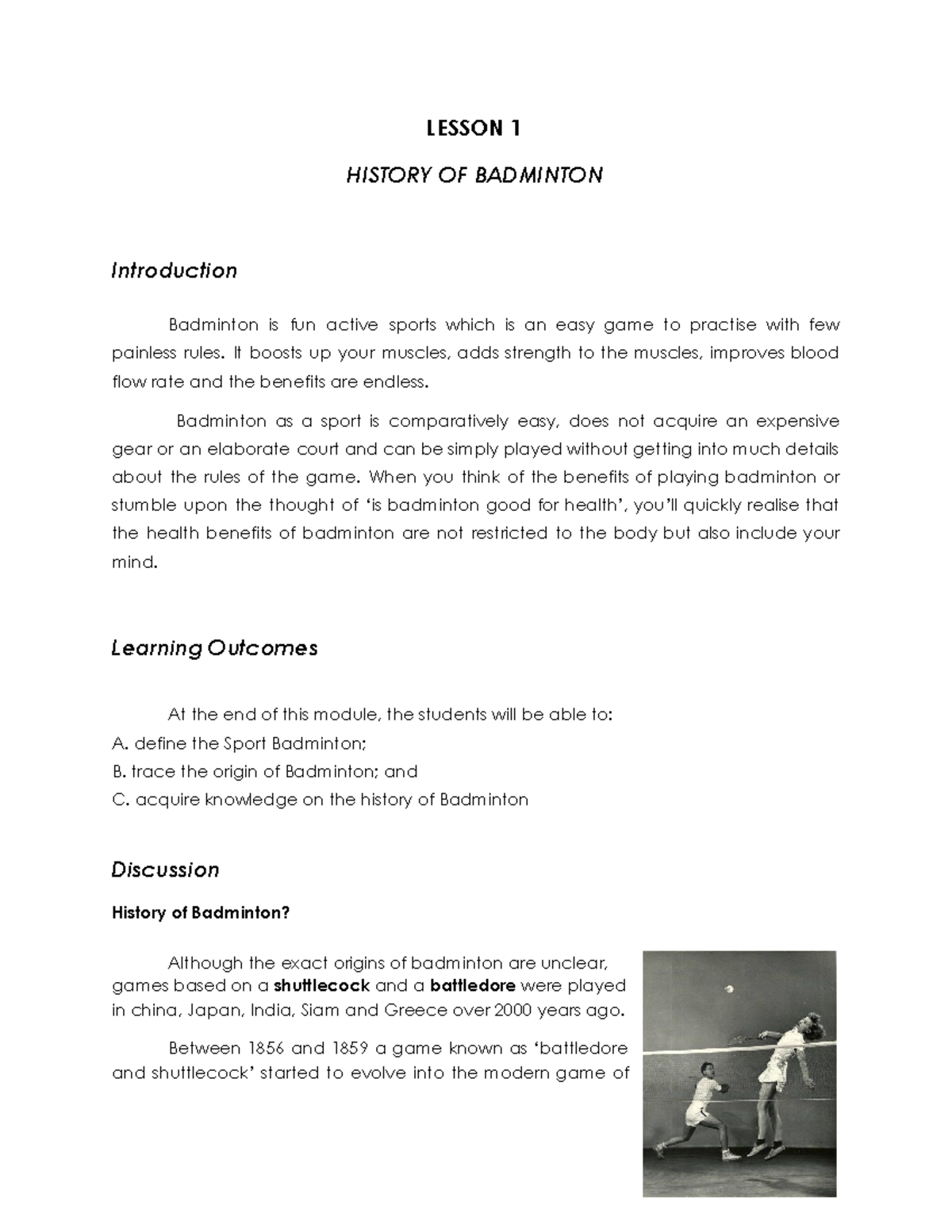 Lesson-1 Badminton topics - LESSON 1 HISTORY OF BADMINTON Introduction ...