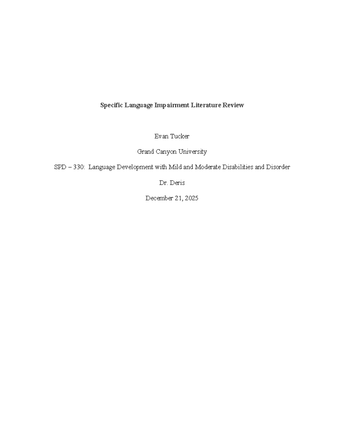 SPD 330: Literature Review on Specific Language Impairment - Studocu