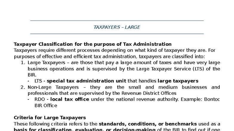 Taxpayers 021325 - Large Taxpayer Classification for Tax Admin - Studocu