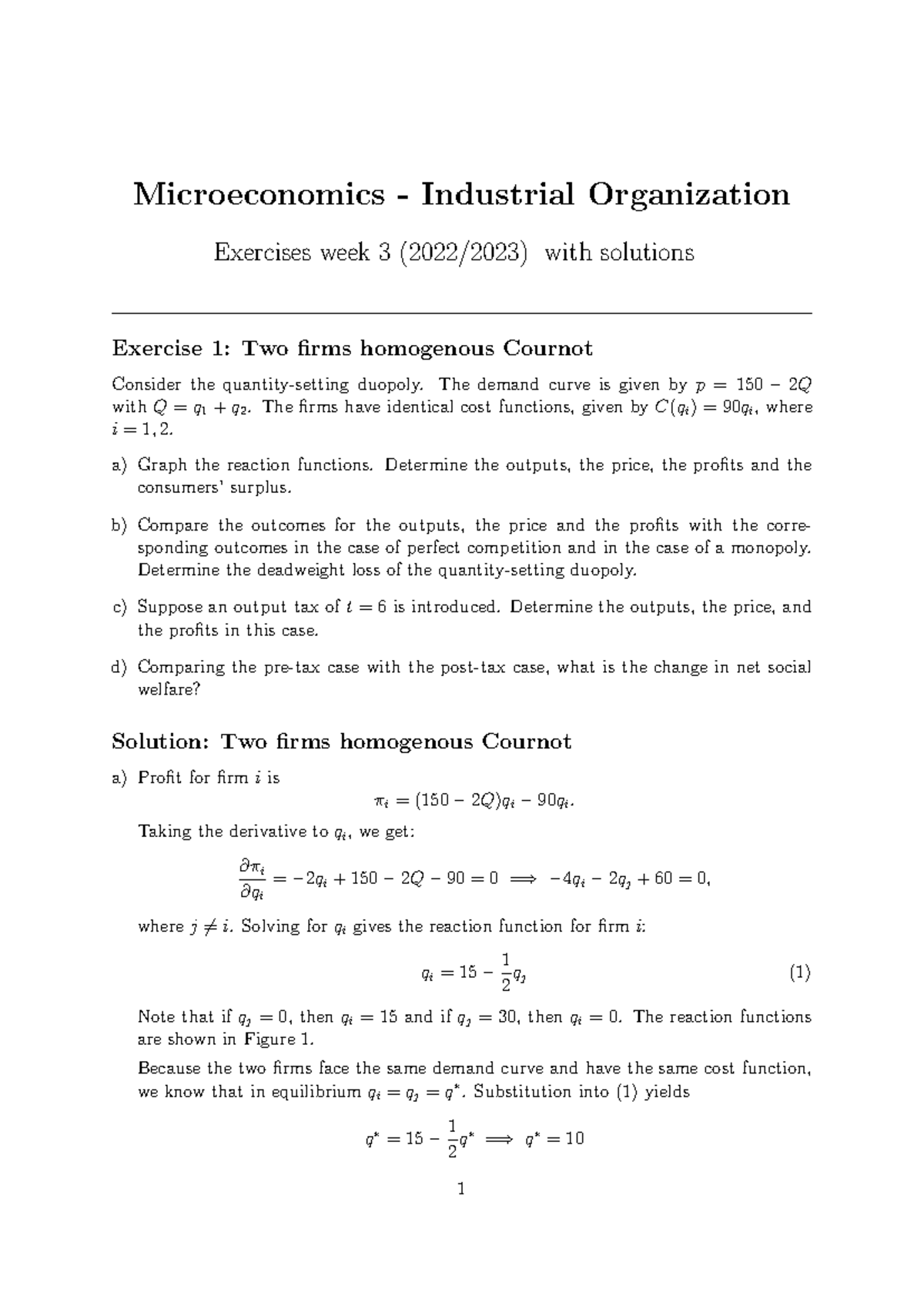 Tutorial solutions week 3 Micro II - Microeconomics - Industrial ...