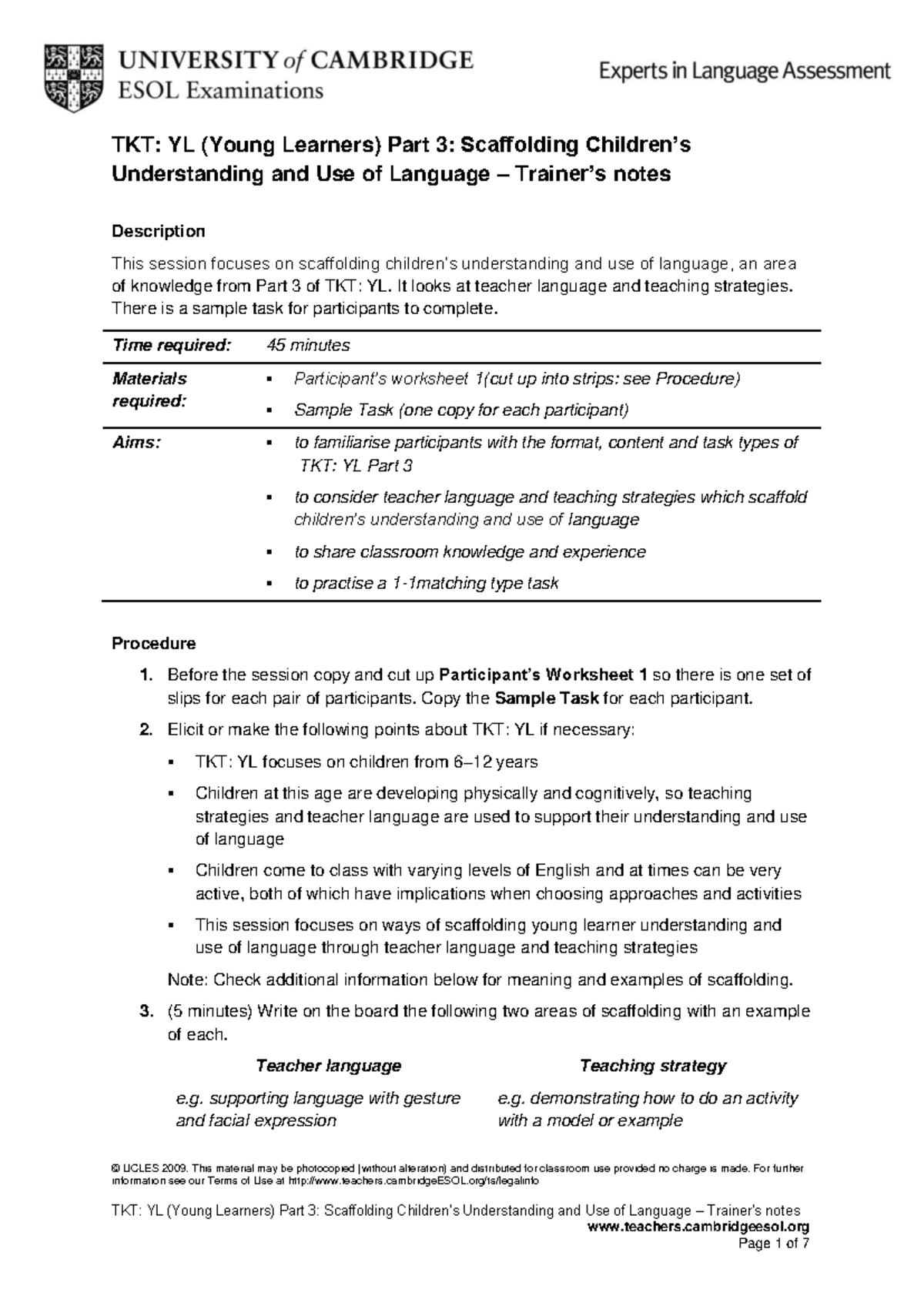 TKT: YL Part 3: Scaffolding Young Learners' Language Use Notes - Studocu