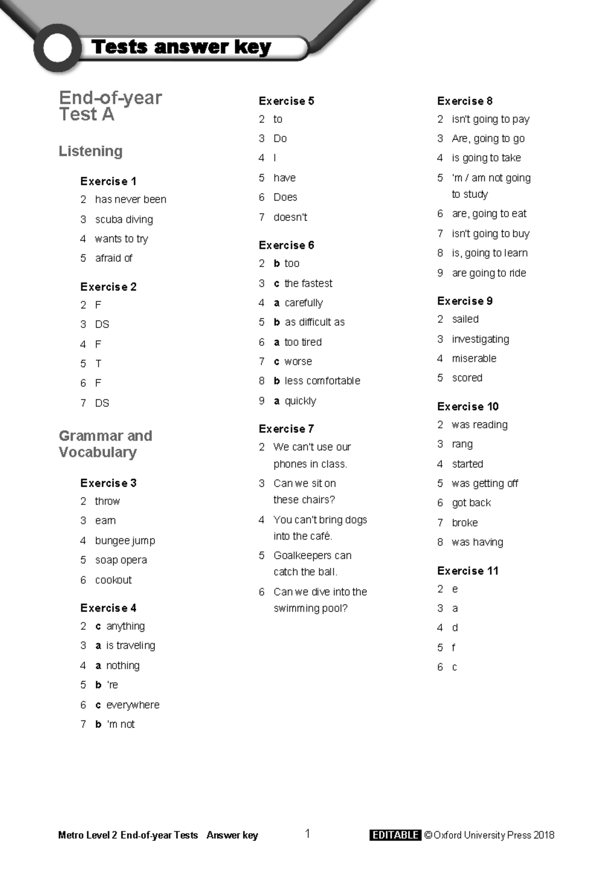Metro Level 2 End-of-Year Test Answers Key: Listening & Reading - Studocu
