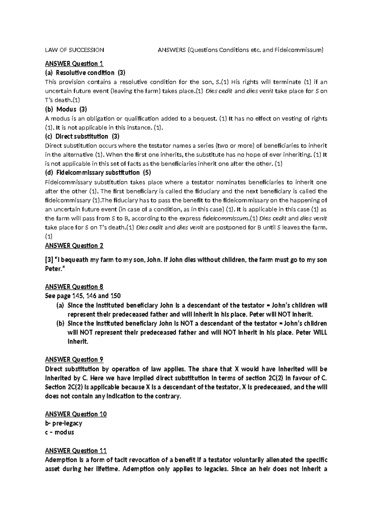 LAW 2020 Final Exam Answers on Conditions & Fideicommissum - Studocu