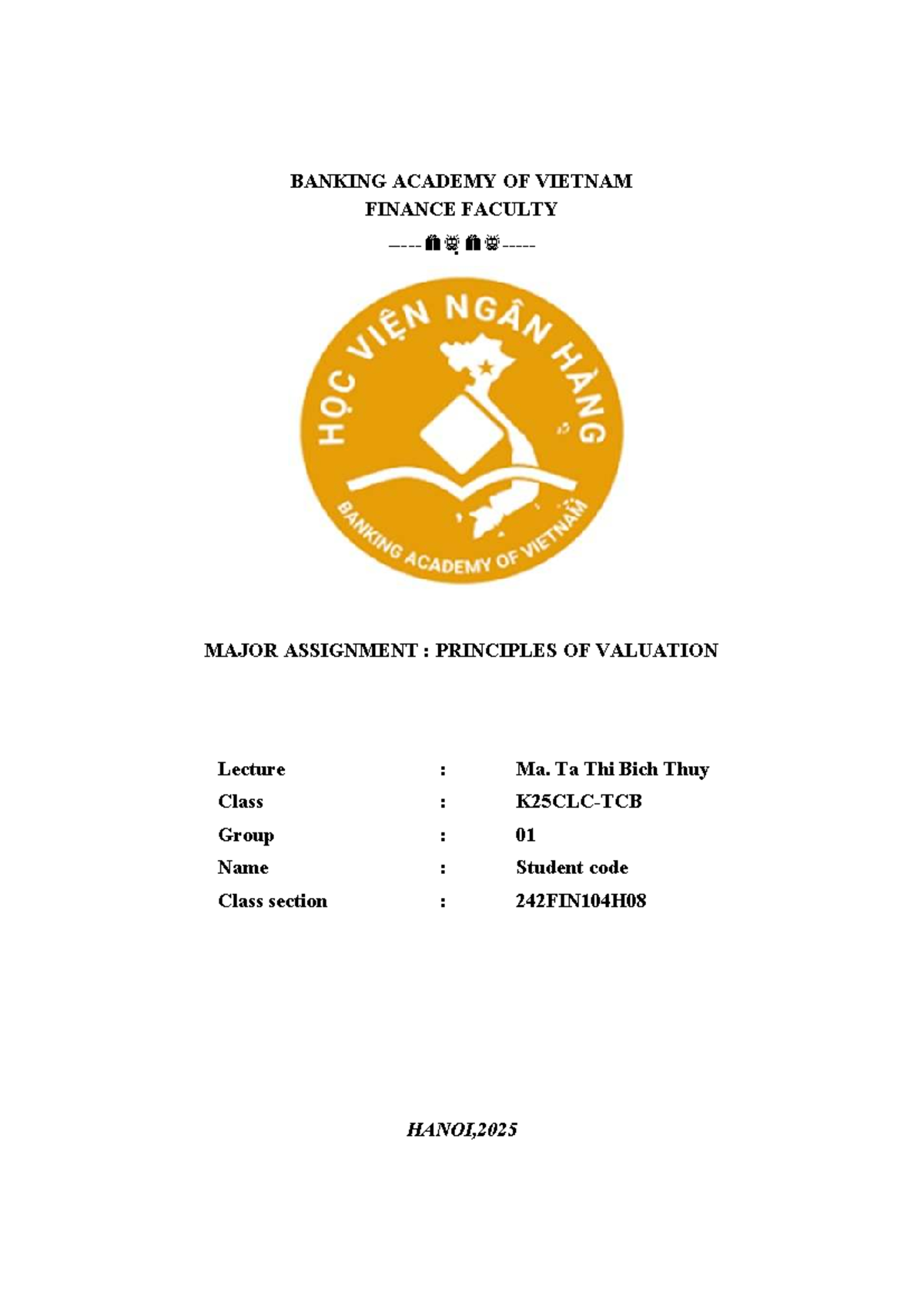 Principles of Valuation Assignment (242FIN104H08) - Group 01 Report ...