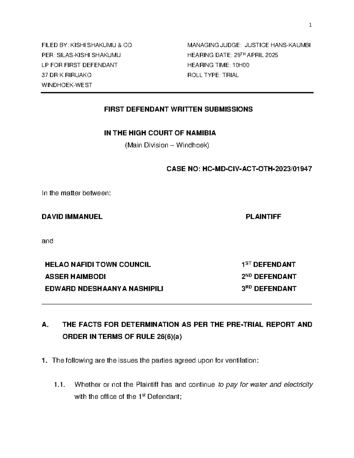 Helao Nafidi Town Council Case No: First Defendant's Heads of Argument ...