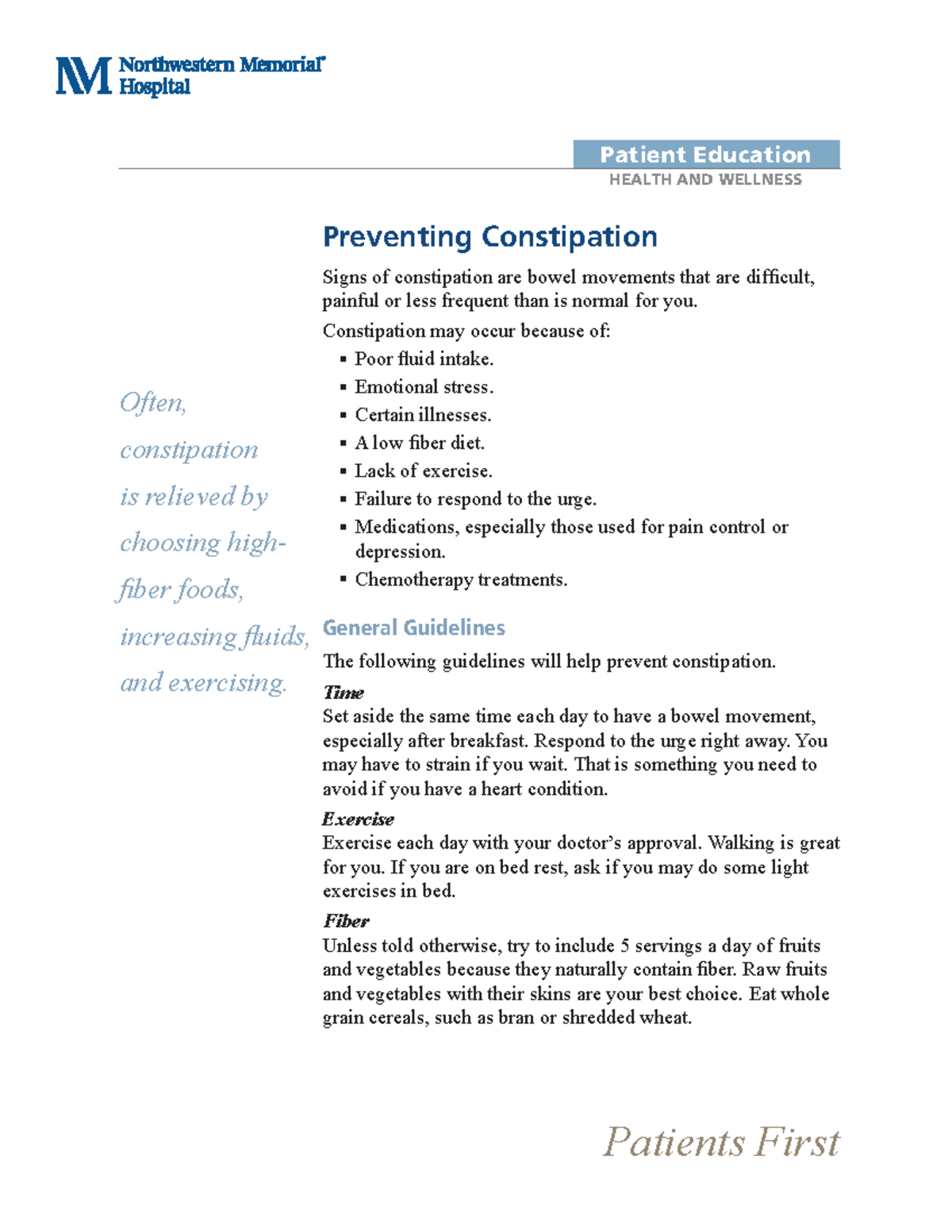 Patient Education: HEALTH AND WELLNESS - Preventing Constipation - Studocu
