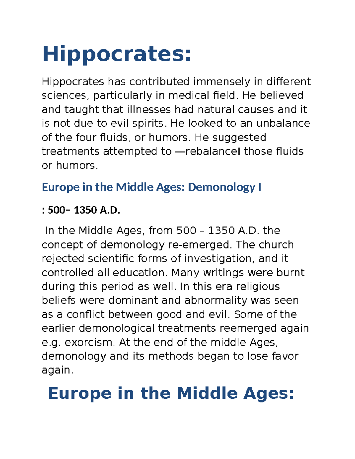 Psy404 Lecture Notes: Hippocrates & Medieval Demonology Insights - Studocu