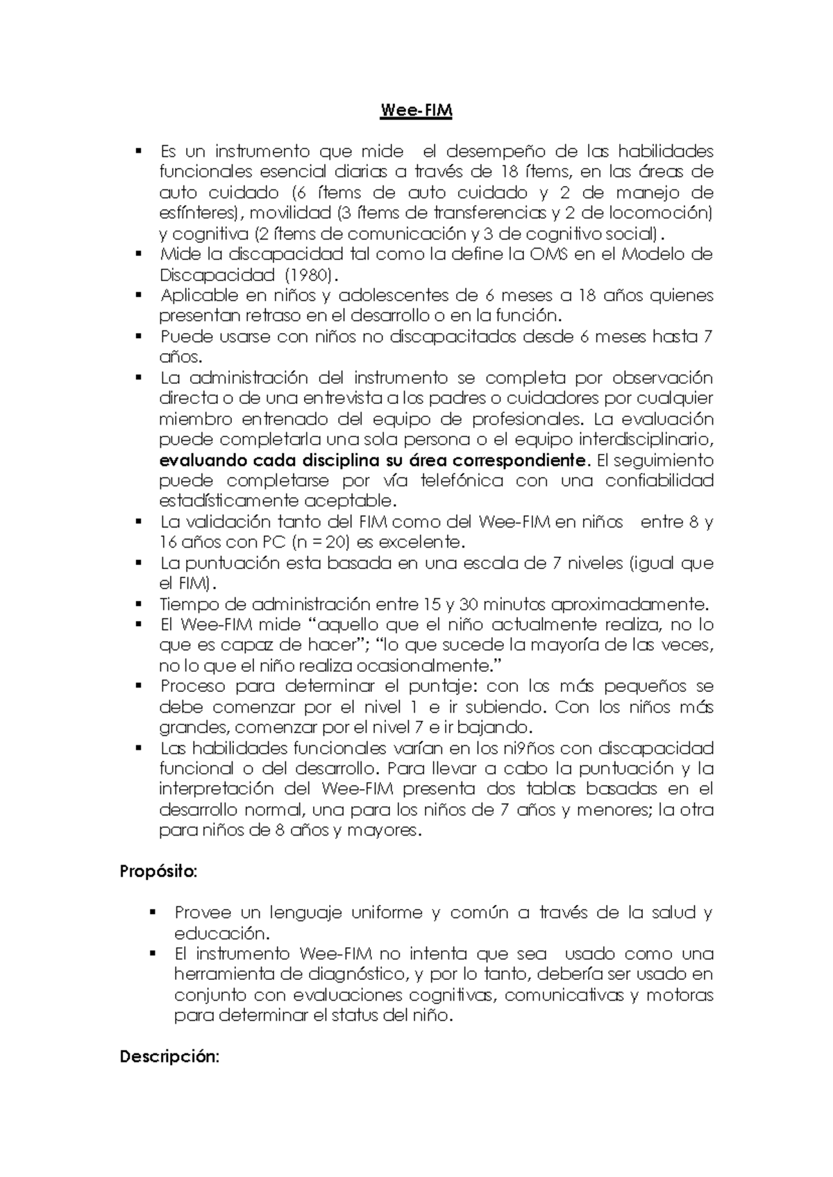 Evaluación Weefim Completo - Terapia ocupacional - UNQ - Studocu