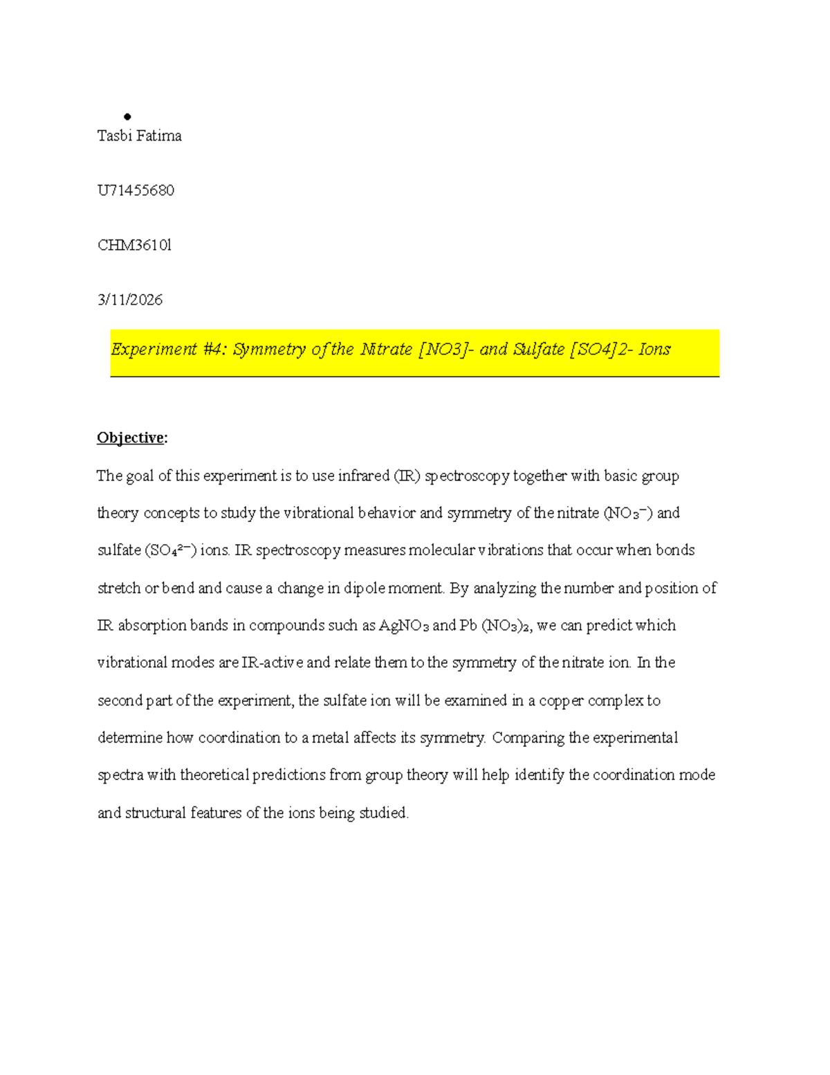 CHM3610L Prelab 4: Symmetry of Nitrate and Sulfate Ions Experiment ...