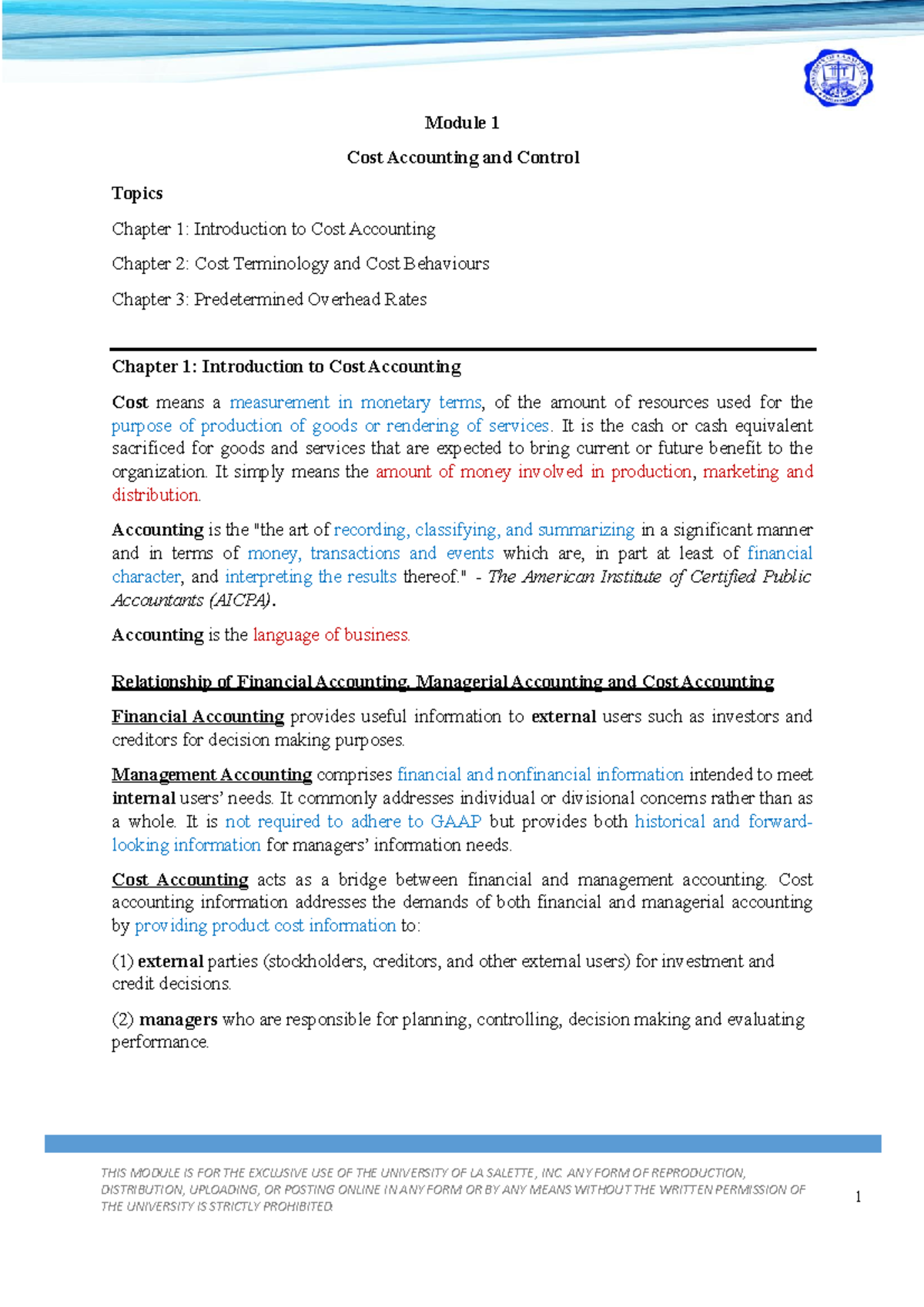 Module 1 Cost Terminology, Predetermined Overhead Rates - THIS MODULE ...