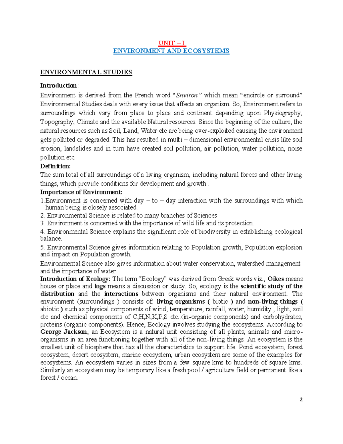 Environmental Studies Lecture Notes: Unit 3 - Ecosystems & Ecology ...