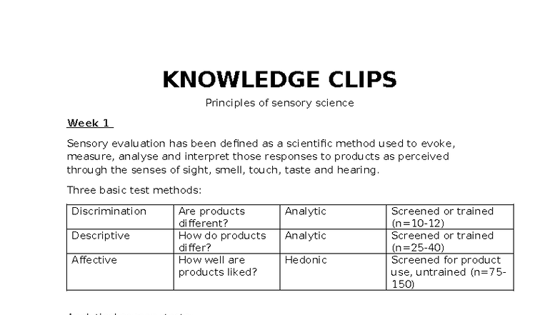 KNOWLEDGE CLIPS: Sensory Science Principles - Week 1 Overview - Studeersnel