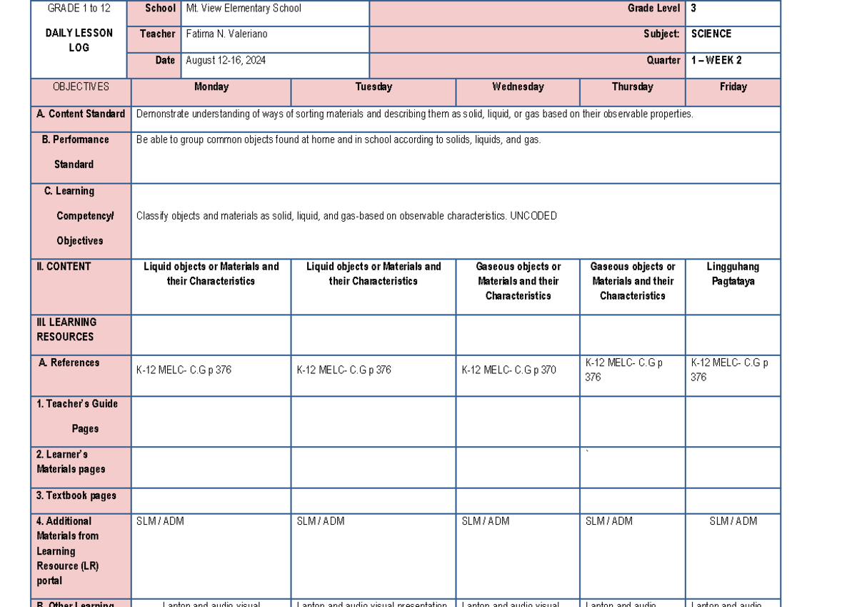 Science 3 Q1 - W2 - Lesson Plan on Sorting Materials - Studocu