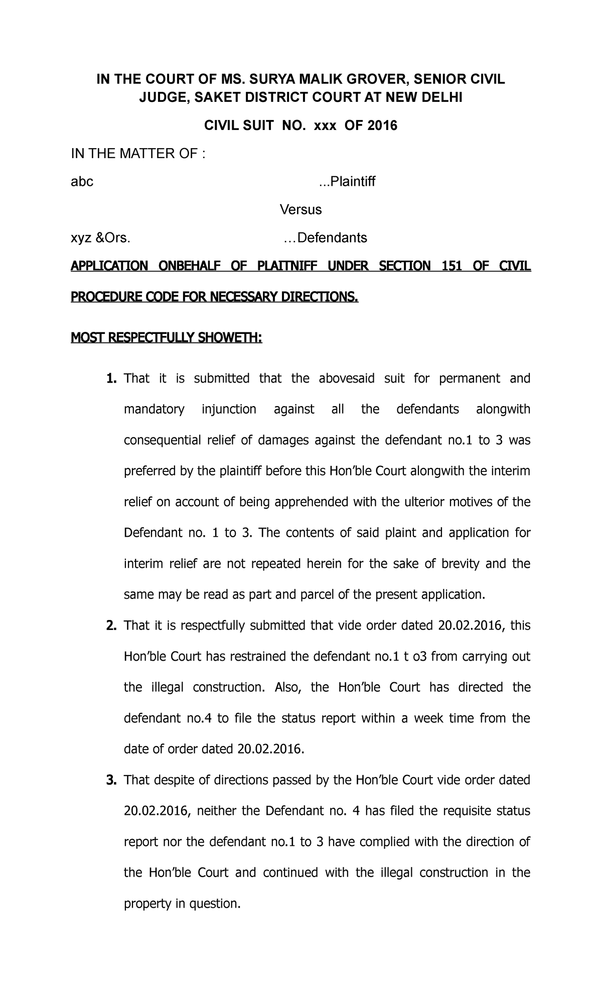 Contempt Application Under Section 151 CPC - Civil Suit No. xxx/2016 ...