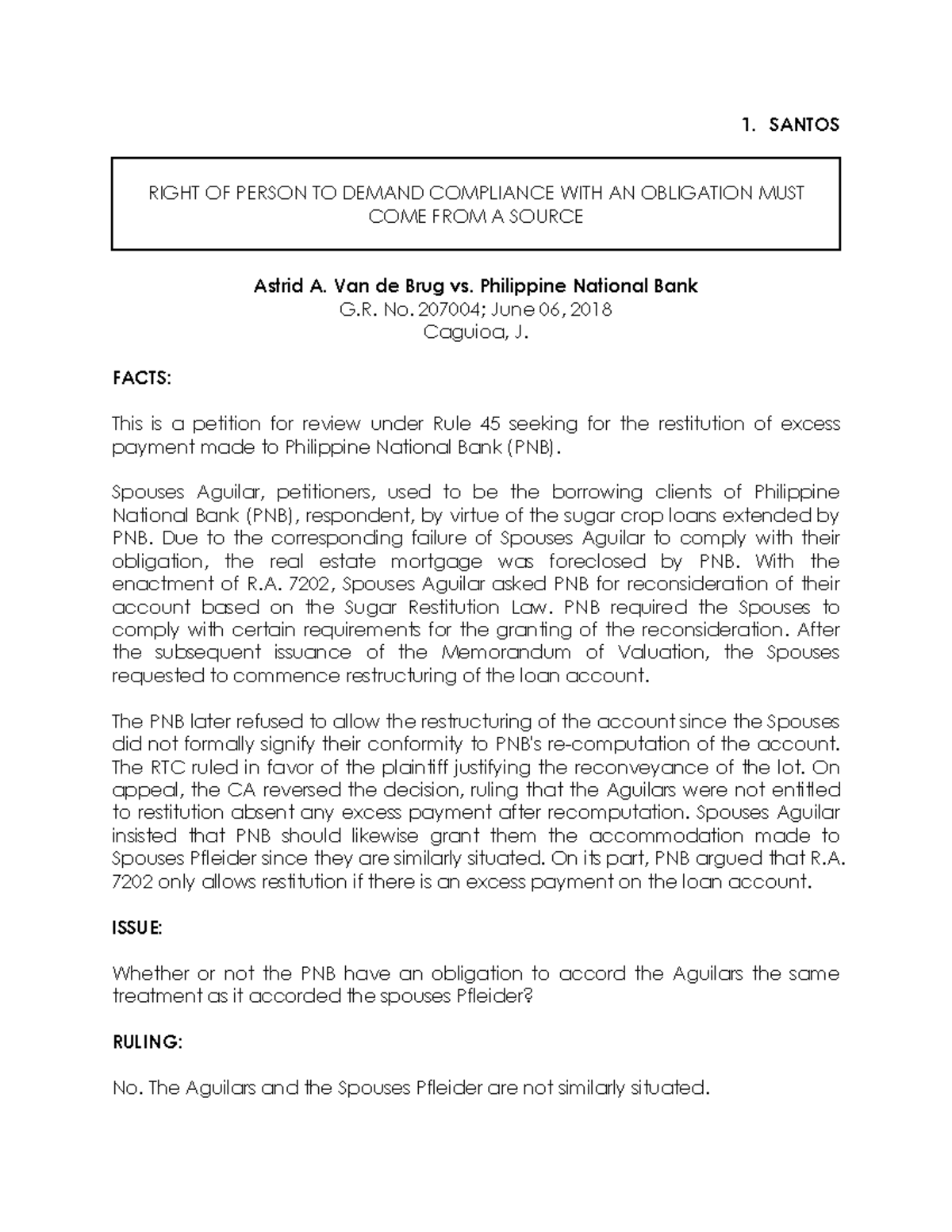 Modified Sample Case Digest - Lecture on Santos v. PNB - Studocu
