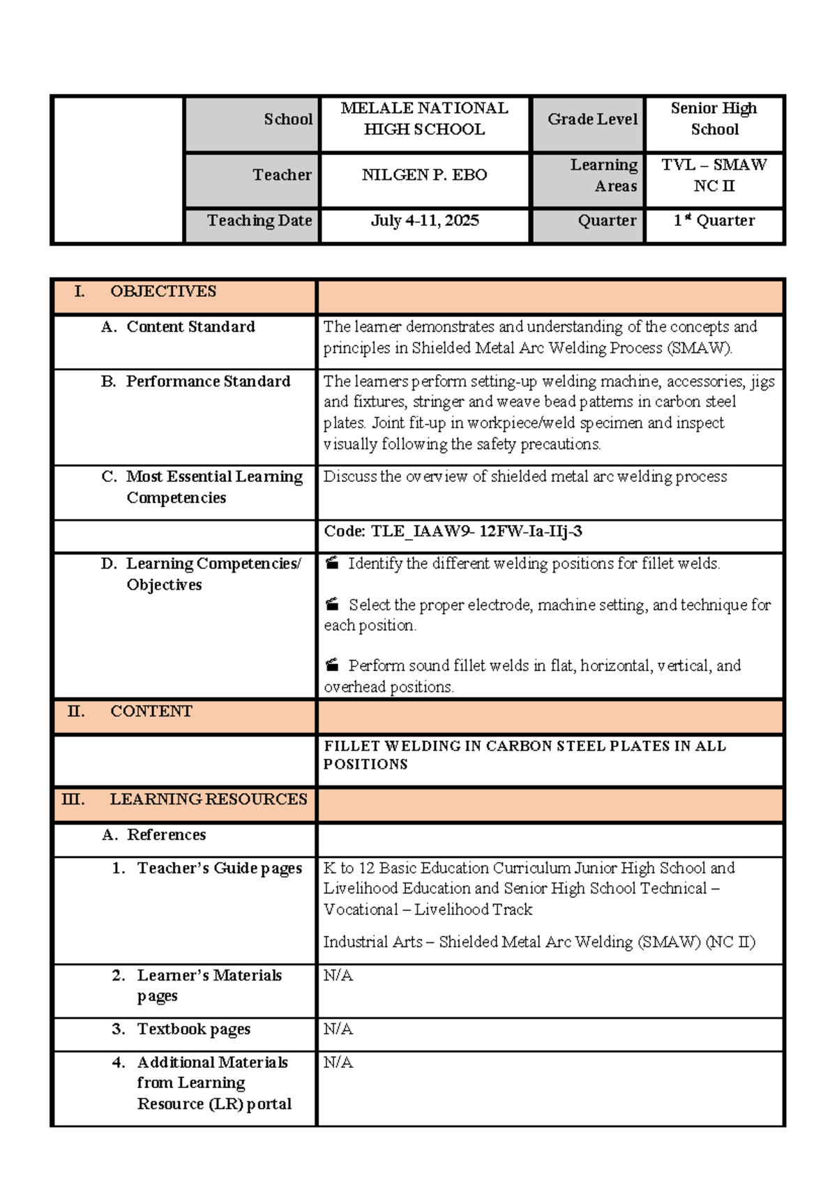 Lesson 2: Fillet Welding Techniques in SMAW (TVL SMAW NC II) - Studocu