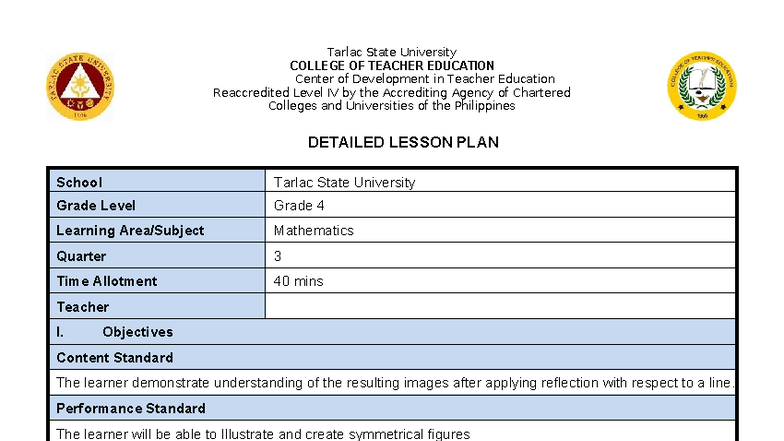 Detailed Lesson Plan on Symmetry for Grade 4 - MATH - Studocu