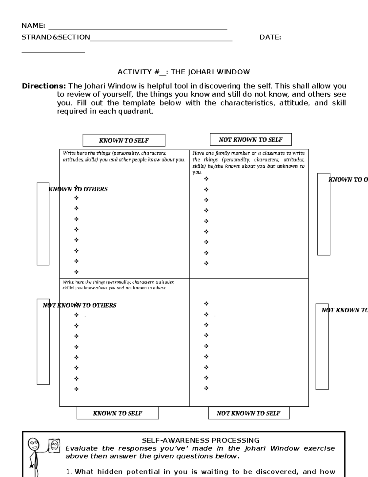 Johari Window Activity: Self-Discovery Exercise - Studocu