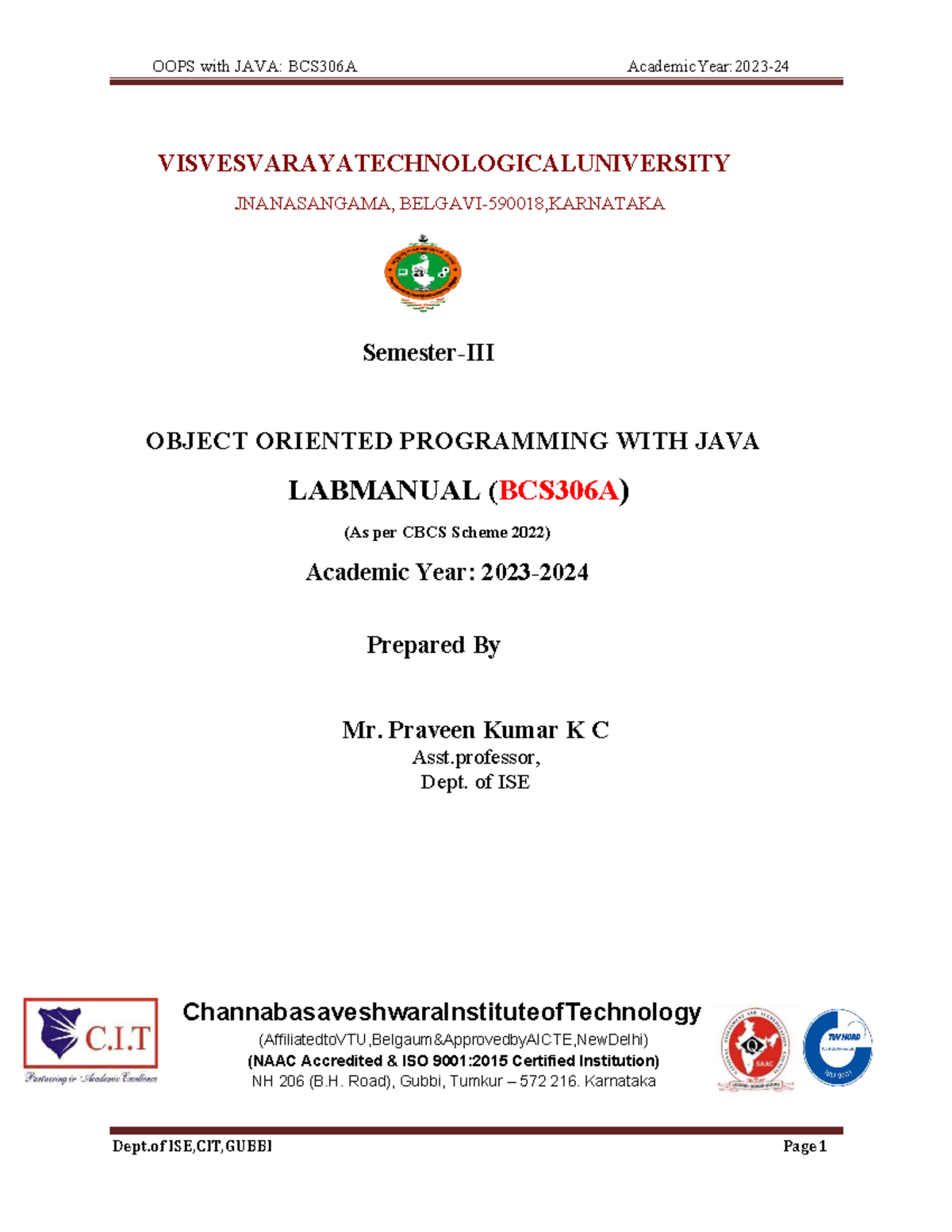 OOPS with Java BCS306A: Comprehensive Lab Manual for Semester III - Studocu