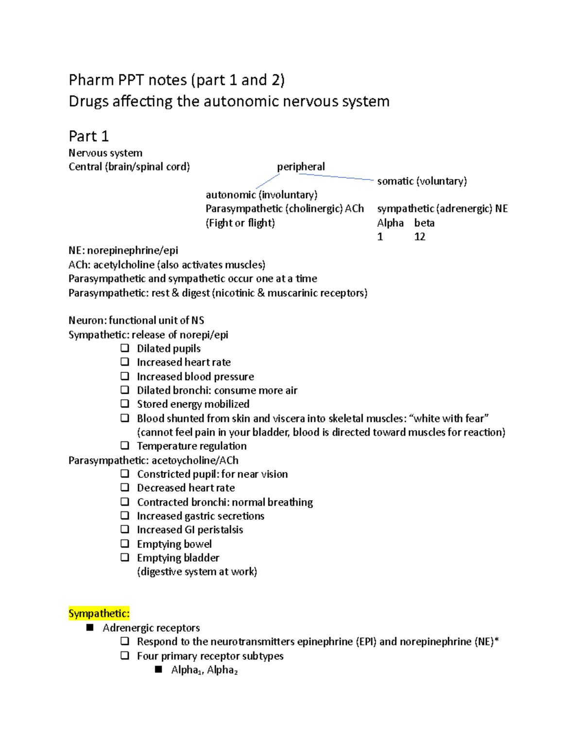 Pharm Drugs affecting ANS PPT notes - Pharm PPT notes (part 1 and 2 ...