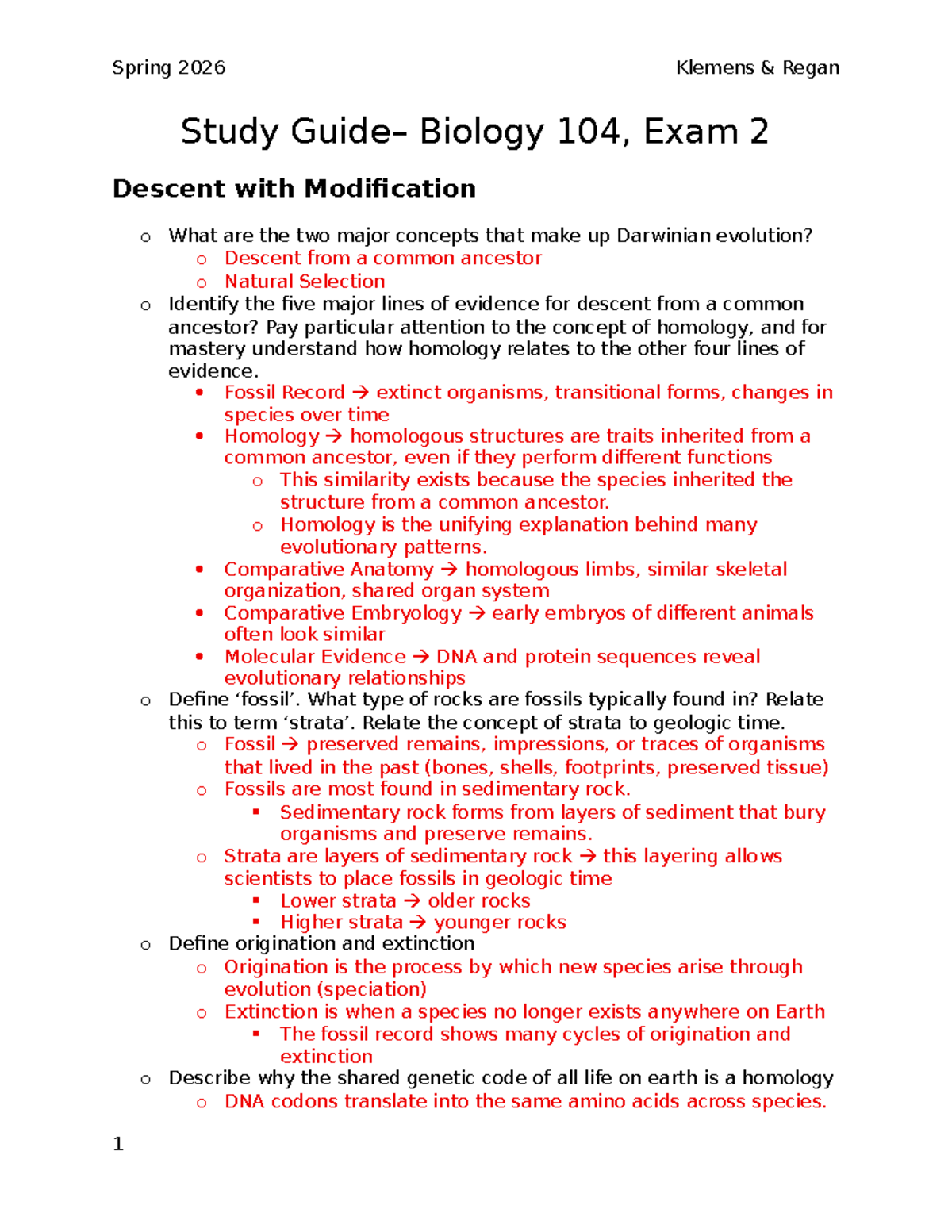 Spring 2026 Biology 104 Exam 2 Study Guide: Descent with Modification ...