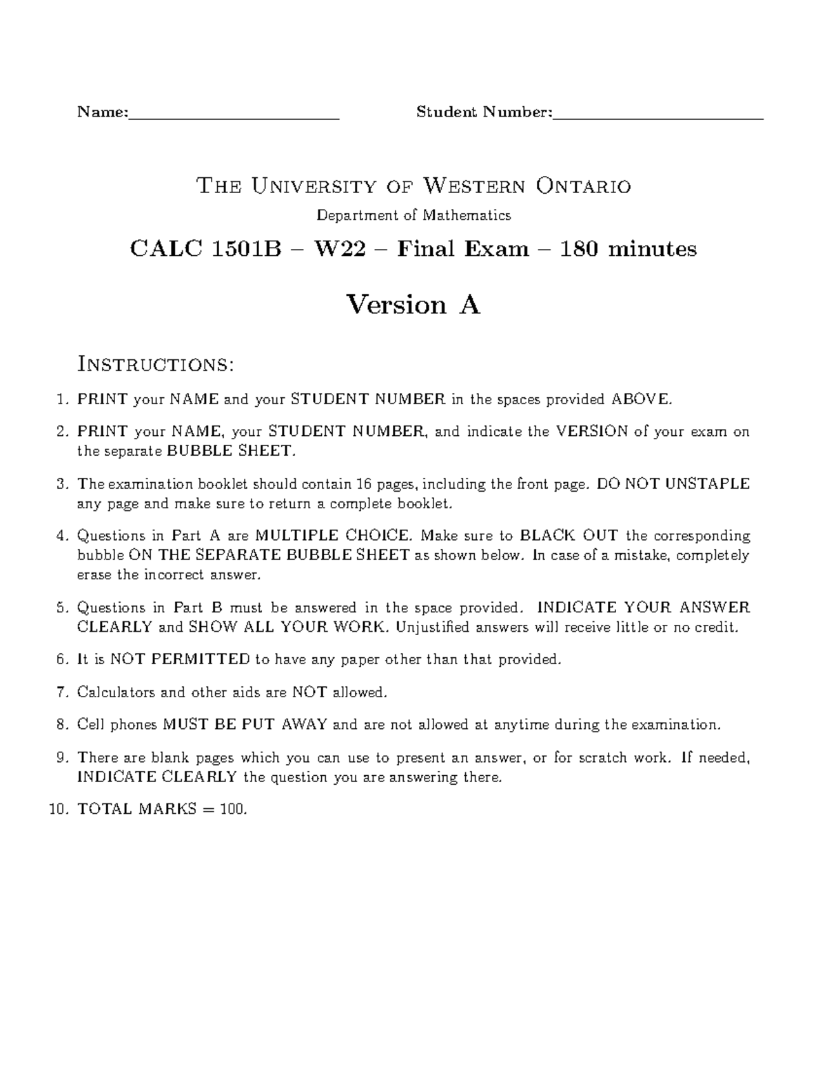 CALC 1501B W22 Final Exam Instructions and Questions - Studocu