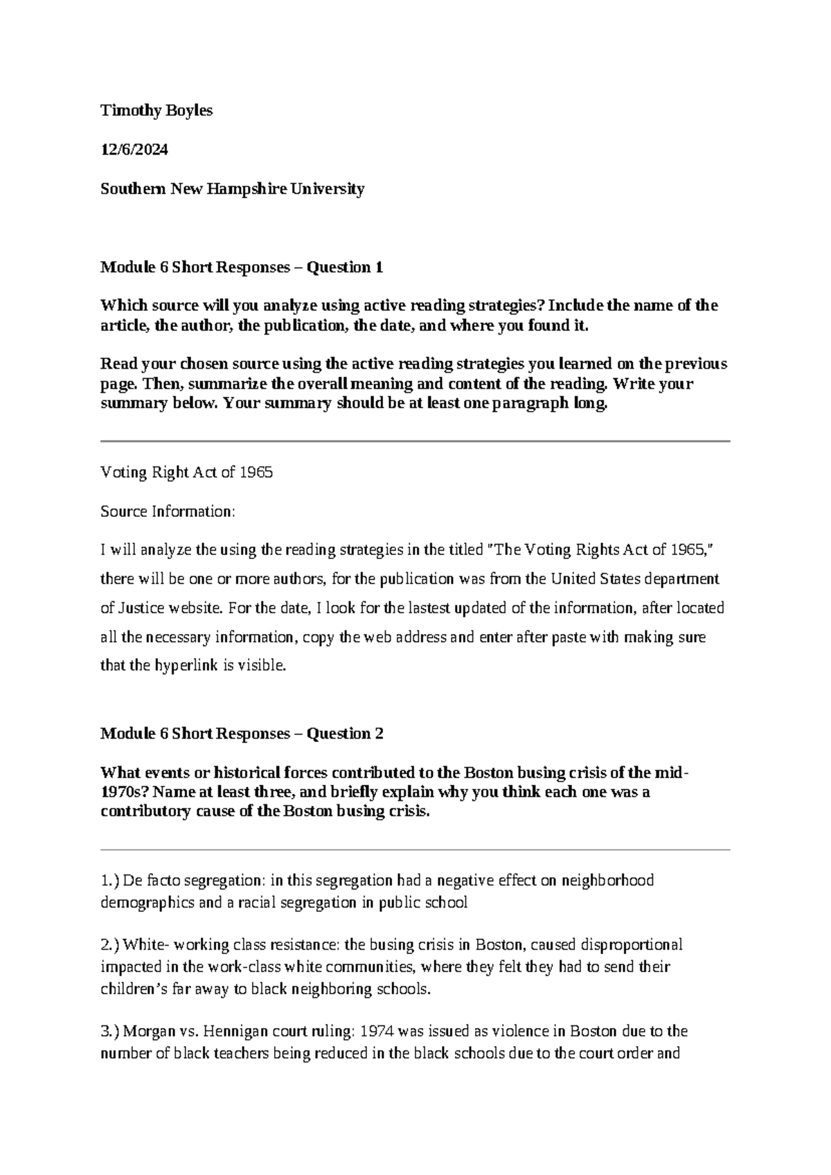 HIS 200 Module 6 Short Responses: Voting Rights & Boston Busing Crisis ...
