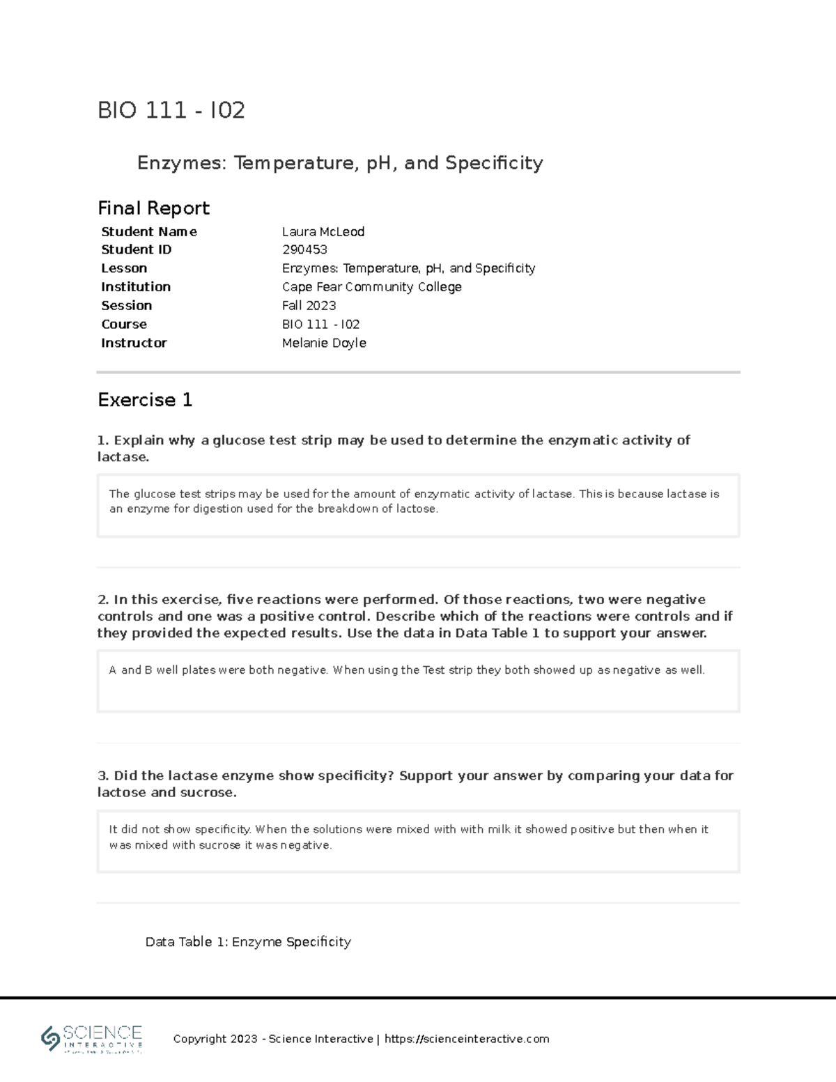 BIO 111 (I02) Enzyme Activity: Temp, pH, & Specificity Report - Studocu