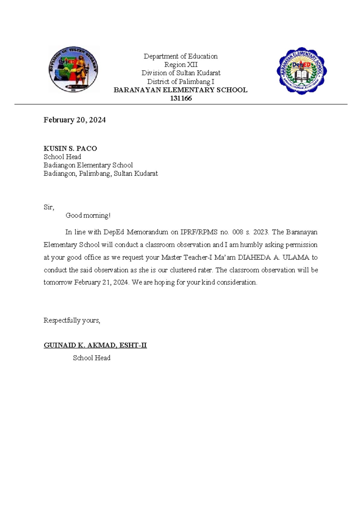 Request Letter for Classroom Observation - COT 131166 - Studocu