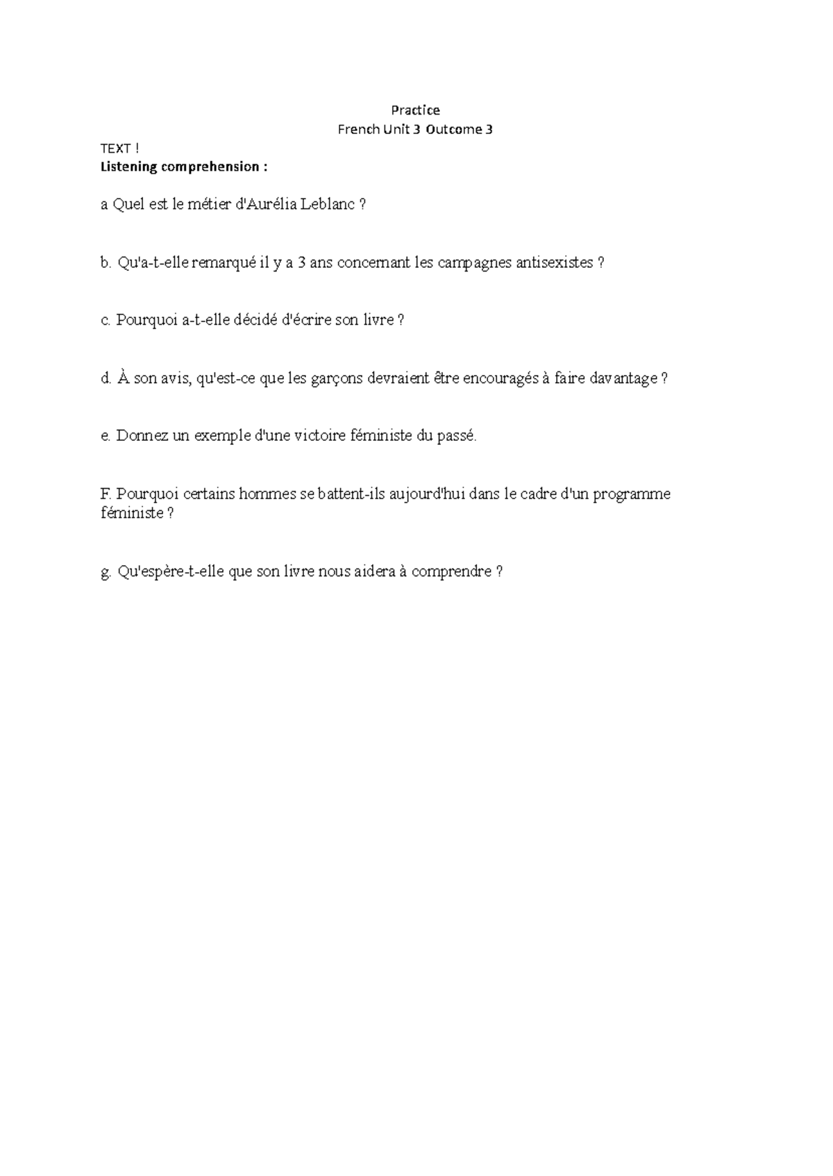 Yr 12 French Unit 3 Outcome 3 - Practice & Comprehension Exercises ...