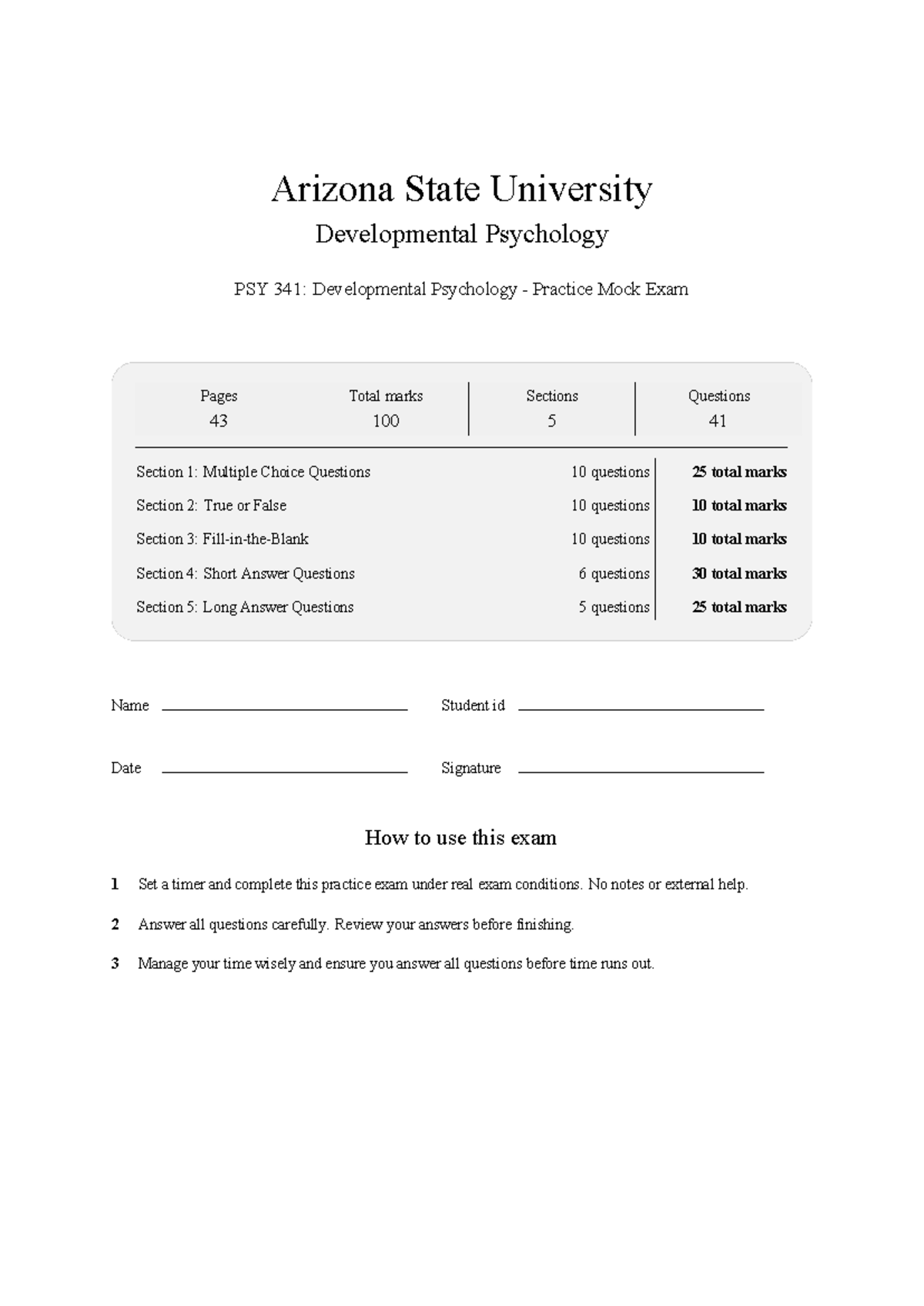 PSY 341 Developmental Psychology ASU: Practice Mock Exam 2026 - Studocu