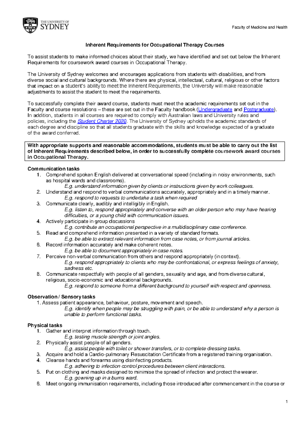 Occupational Therapy Inherent Requirements - Faculty of Medicine ...