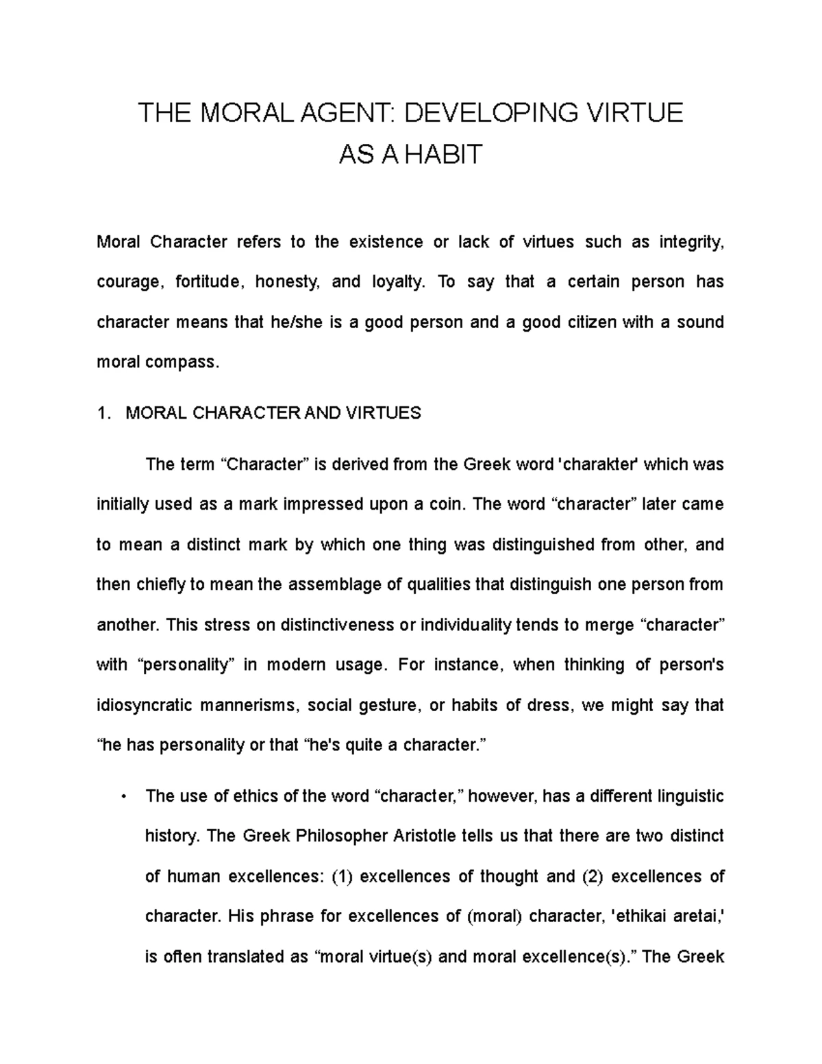 Ethics Module - Developing Virtue as Habit - Lesson 3: THE MORAL AGENT ...