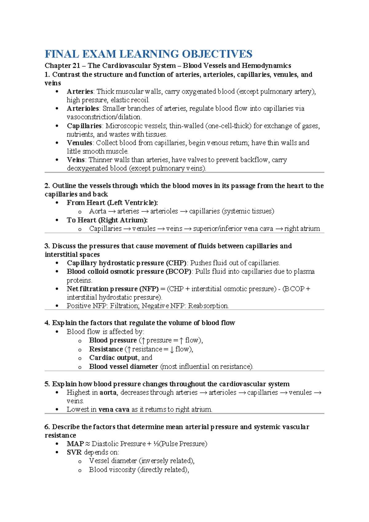 FINAL EXAM LEARNING OBJECTIVES: Cardiovascular System & Immunity - Studocu
