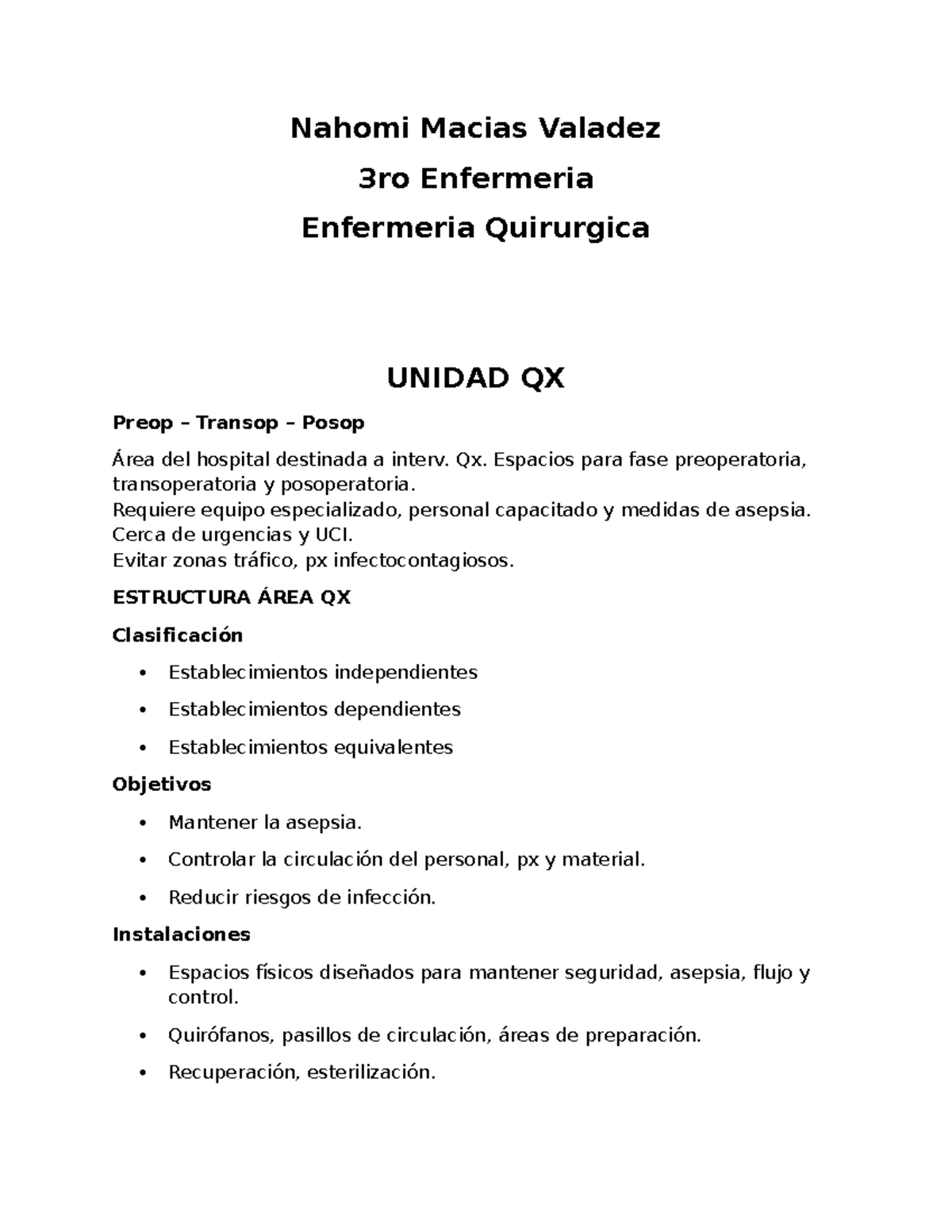 Resumen de Unidad QX: Preop, Transop y Posop - 3ro Enfermería - Studocu