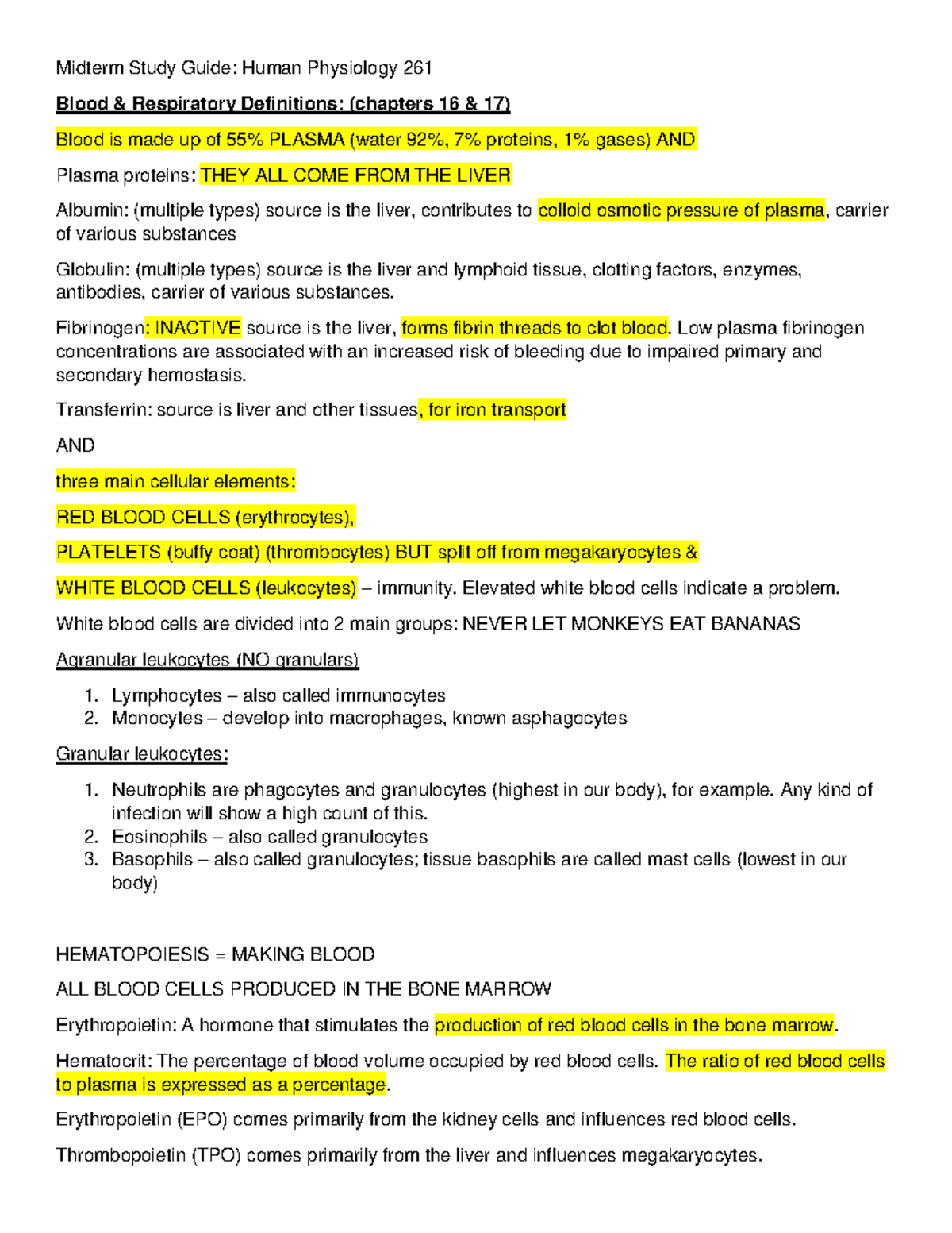 Human Physiology 261 Midterm Study Guide: Blood & Respiratory Systems ...