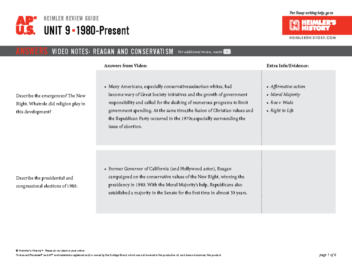 AP US HRG Unit 9 Noteguide Answers: 1980-Present Overview - Studocu
