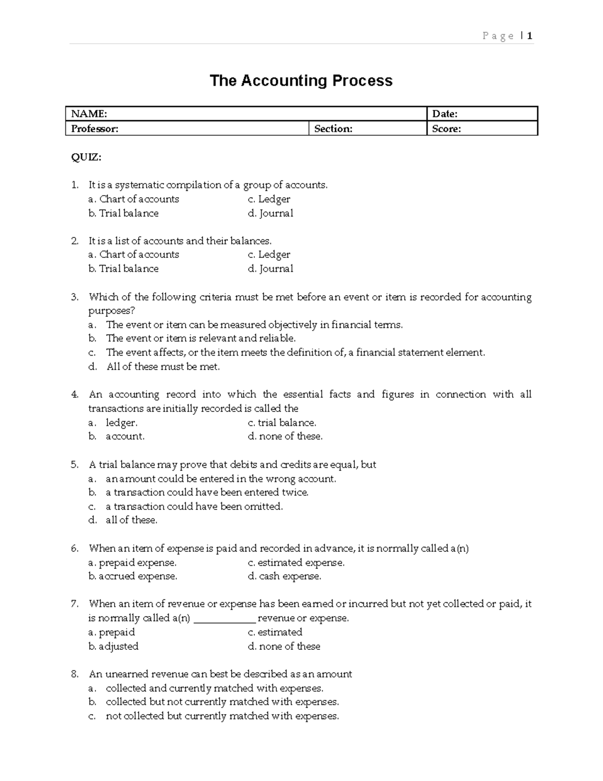 ACC-106-QUIZ Chapter 1: Understanding the Accounting Process - Studocu