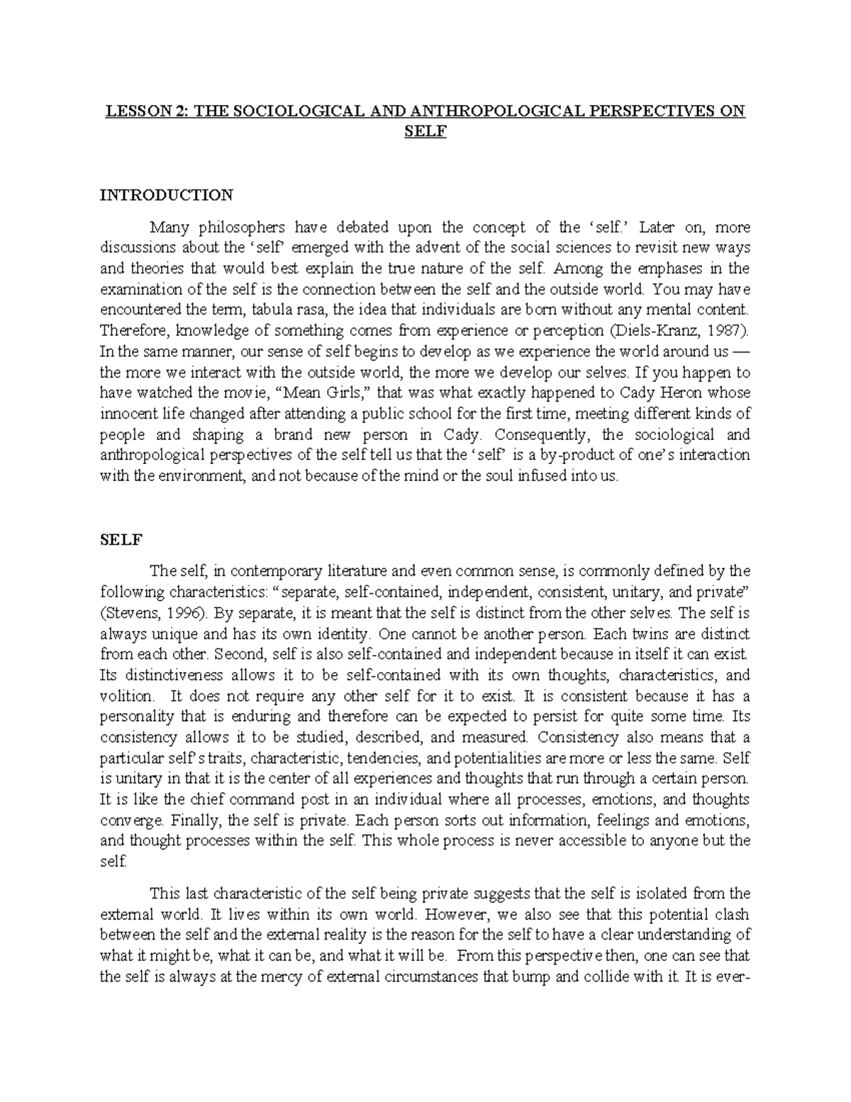 Lesson 2: Sociological & Anthropological Perspectives on Self - Studocu
