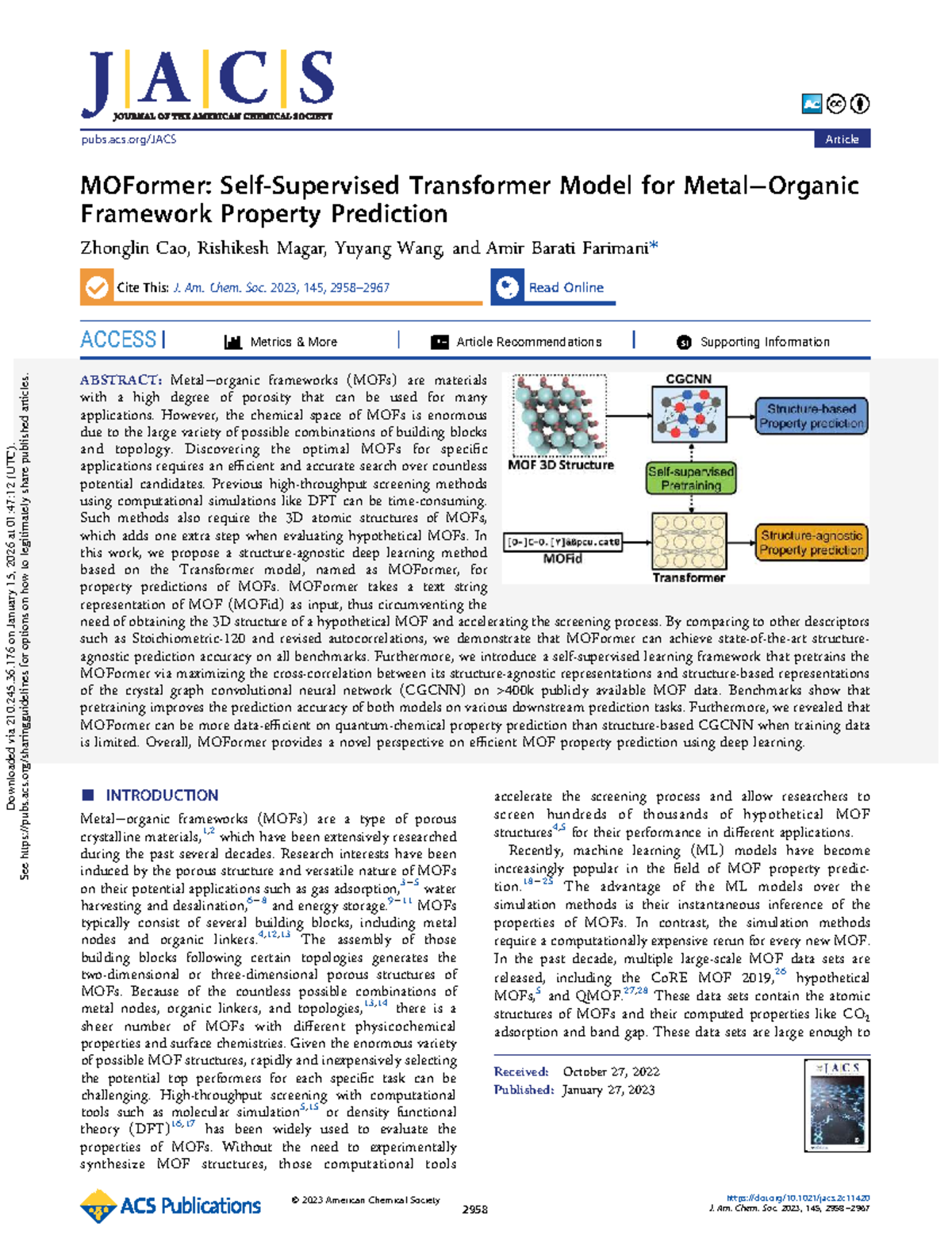 MOFormer: Self-Supervised Transformer Model for MOF Property Prediction ...