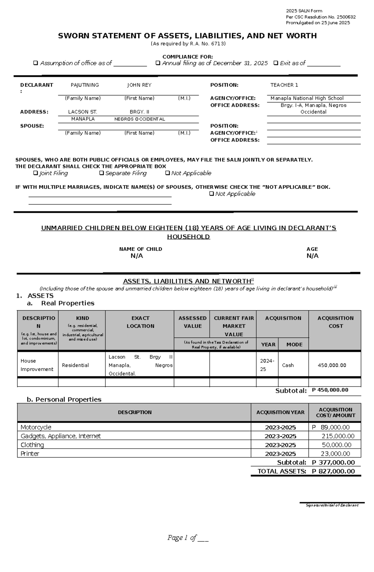 SALN 2025 Compliance Document for Teacher 1 - Maricel G. - Studocu