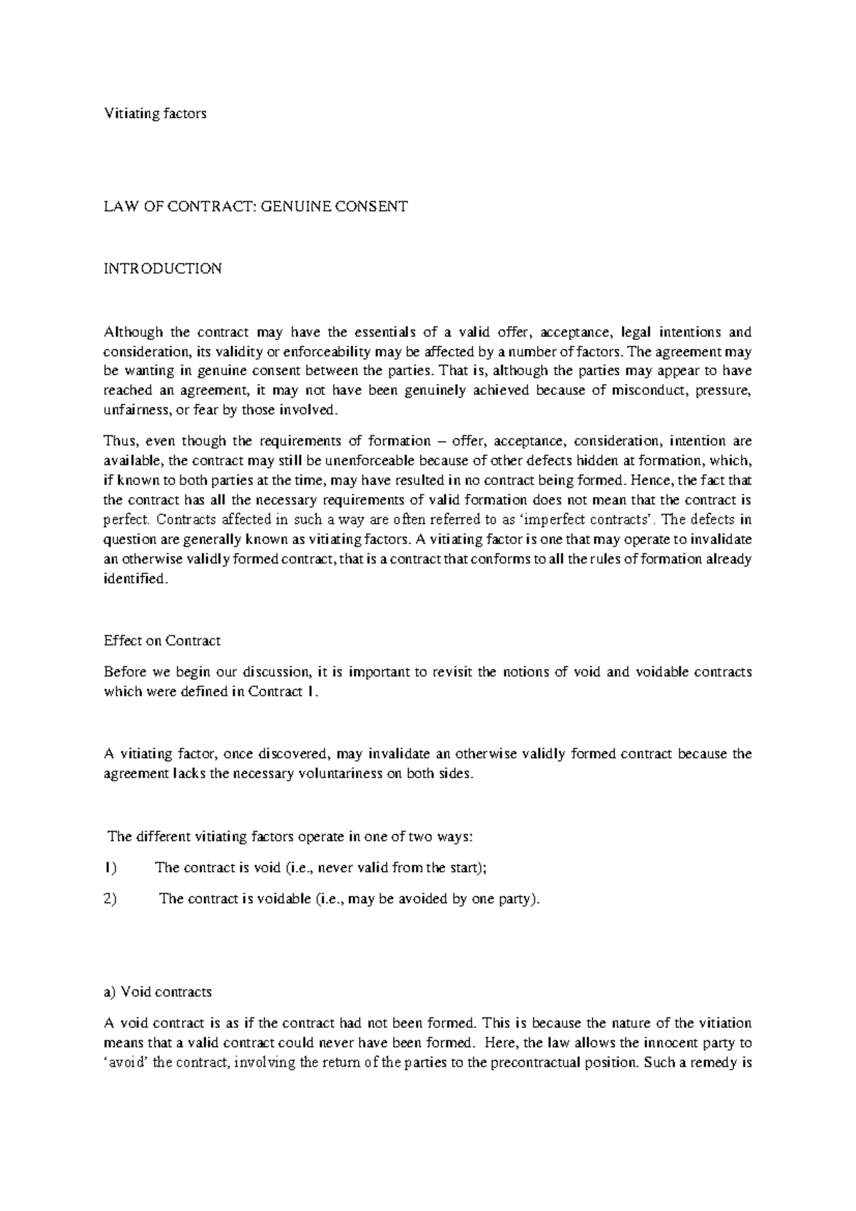 Vitiating Factors in Contract Law: Understanding Genuine Consent - Studocu