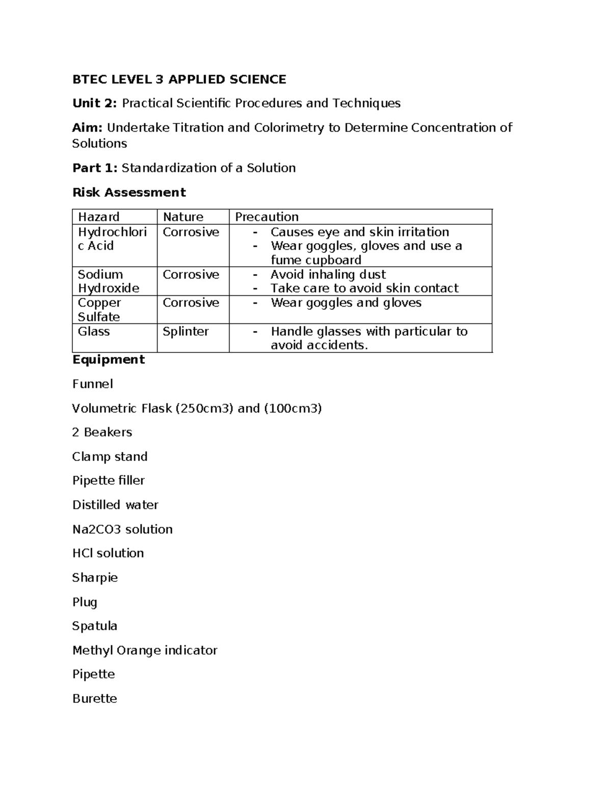 BTEC Level 3 Applied Science: Practical Titration & Colorimetry ...