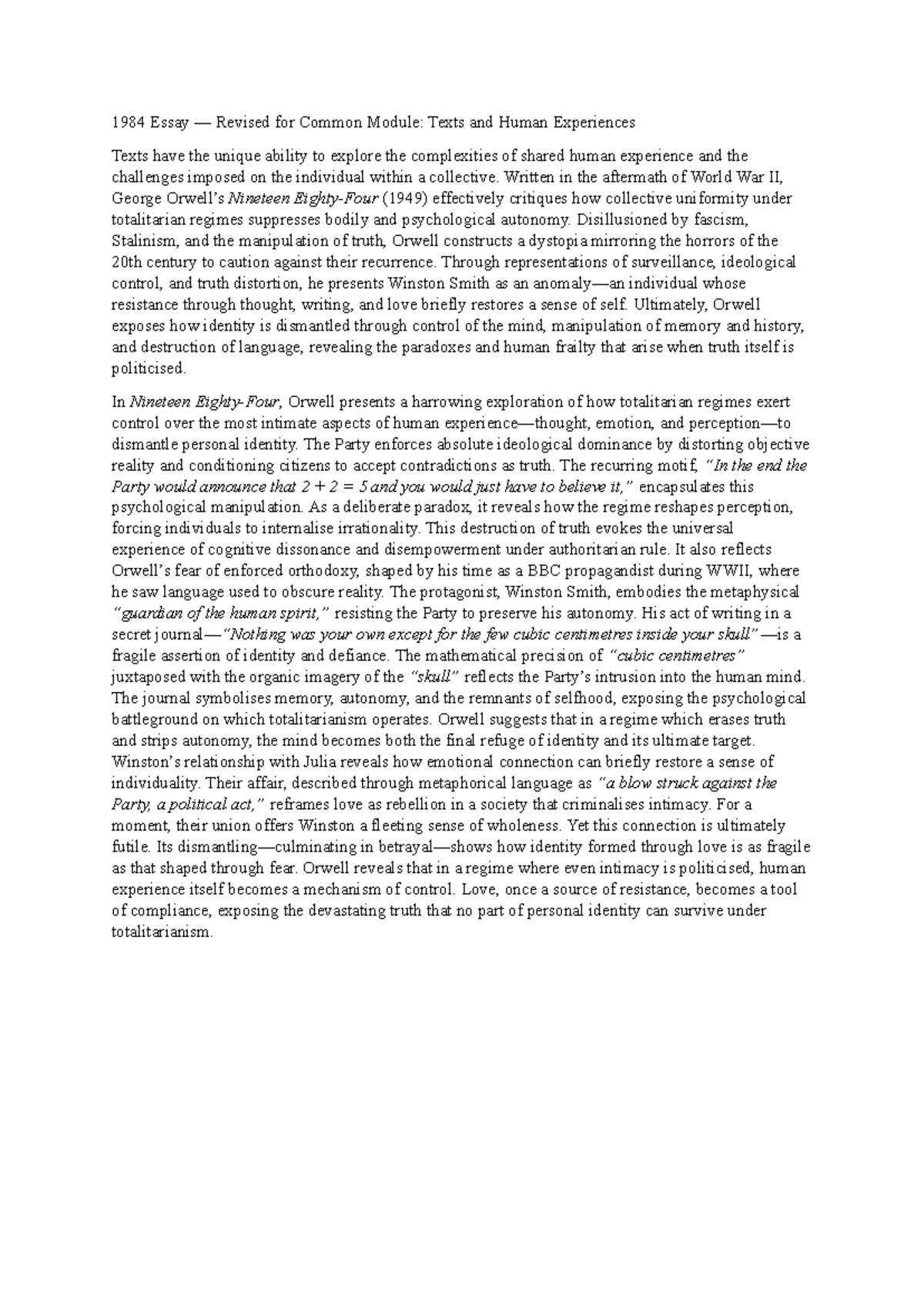 1984 Final Essay: Exploring Totalitarianism in Texts & Human ...